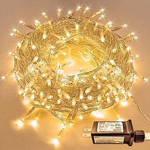 JMEXSUSS Warm White Christmas Lights, 300 LED Christmas String Lights Indoor Outdoor Waterproof Clear Wire, 8 Modes Fairy String Lights Plug in for Room Christmas Tree Bedroom Holiday Garden Decor