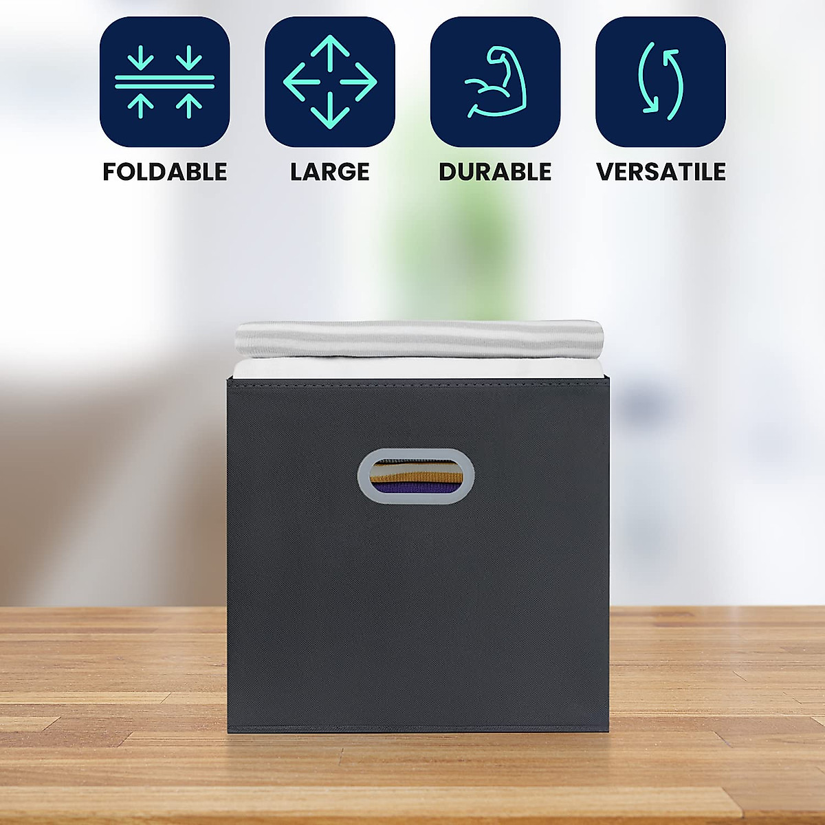 Pomatree 13x13x13 Storage Cube Bins - 6 Pack | Large and Sturdy, Dual Plastic Handles | Cube Storage Bins | Foldable, Closet and Storage Fabric Bin Baskets | Home and Office Organizers (Dark Grey)