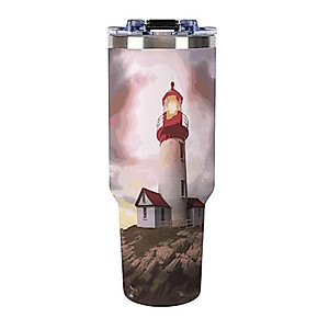 LLUTSNTH 40 Oz Vacuum Tumbler with Deep Blue Handle Leakproof Insulated Tumbler Lighthouse Stainless Steel Travel Mug with Lid And Straw Coffee Cup Cute Water Bottles Cup Holder Friendly