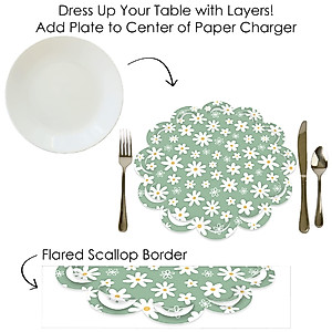 Big Dot of Happiness Sage Green Daisy Flowers - Floral Party Round Table Decorations - Paper Chargers - Place Setting For 12