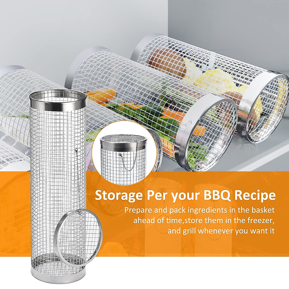 Grill Basket 4 PCS, BBQ Grill Basket, Rolling Grilling Basket, Stainless Steel Grill Mesh Barbeque Grill Accessories, Portable Grill Baskets for Outdoor Grill for Fish, Shrimp, Meat, Vegetables, Fries