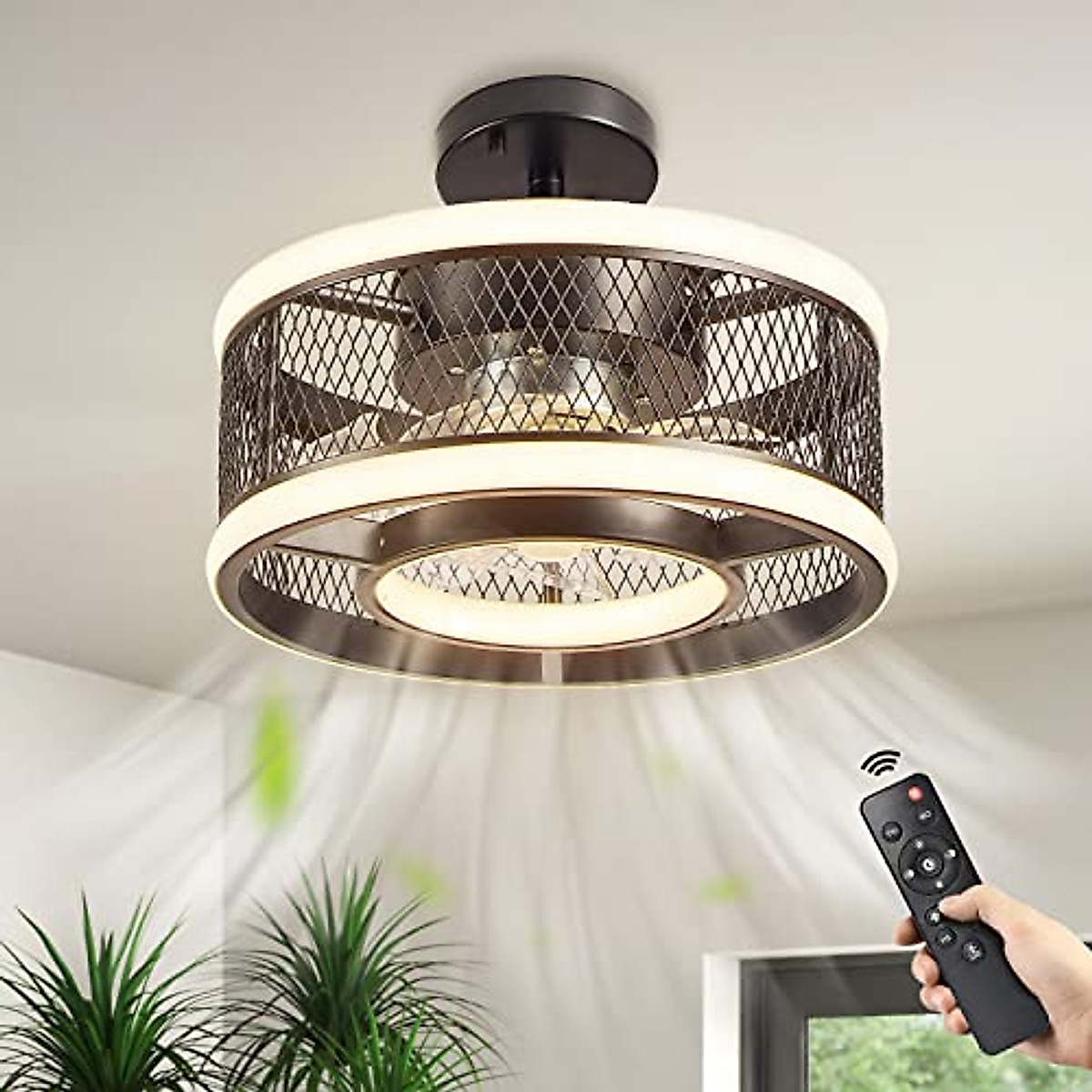 Atocif Bladeless Ceiling Fan with Light, Caged Ceiling Fan with LED Light, Ceiling Fans with Lights Remote Control, Dimmable, low-noise, Timing, for Bedroom, Living Room, Kitchen
