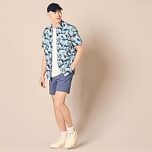 Amazon Essentials Slim-Fit Men's Short Sleeve Button Down Shirt, Aqua Blue Navy Palm Leaf Design, XX-Large
