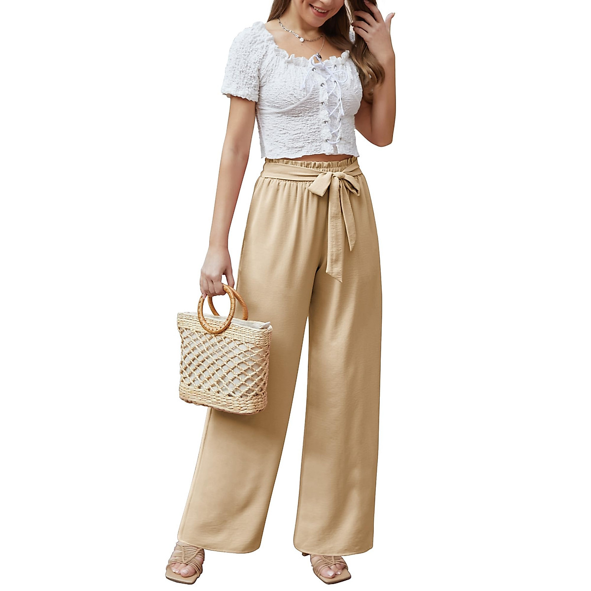 Feiersi Women Casual Wide Leg Pants High Waisted Business Work Casual Pants Loose Flowy Beach Palazzo Pants(Khaki,XX-Large)