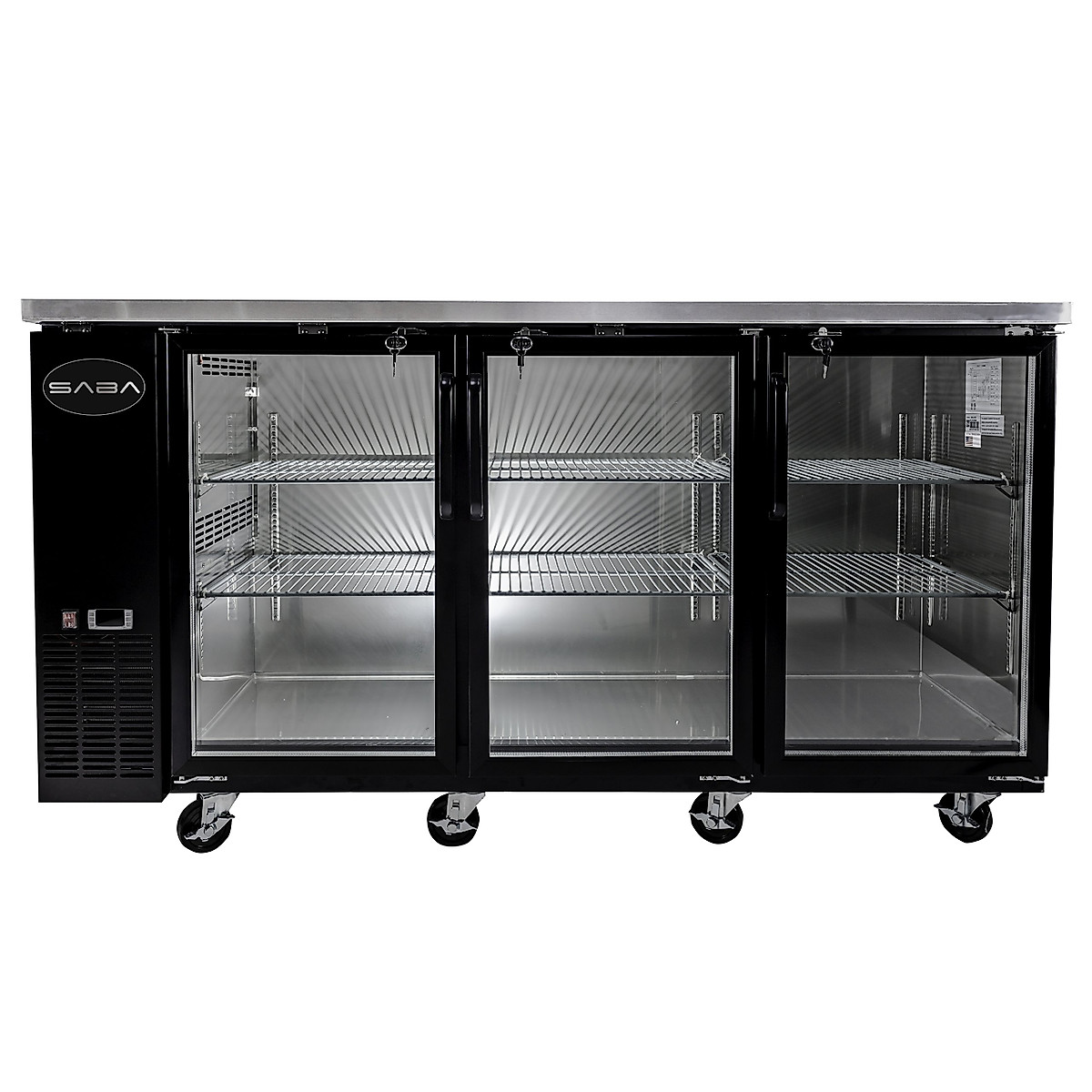 72" Commercial 3 Door Back Bar Beer Bottle Beverage Can Cooler Refrigerator, Black, with Stainless Steel Top and Glass Doors