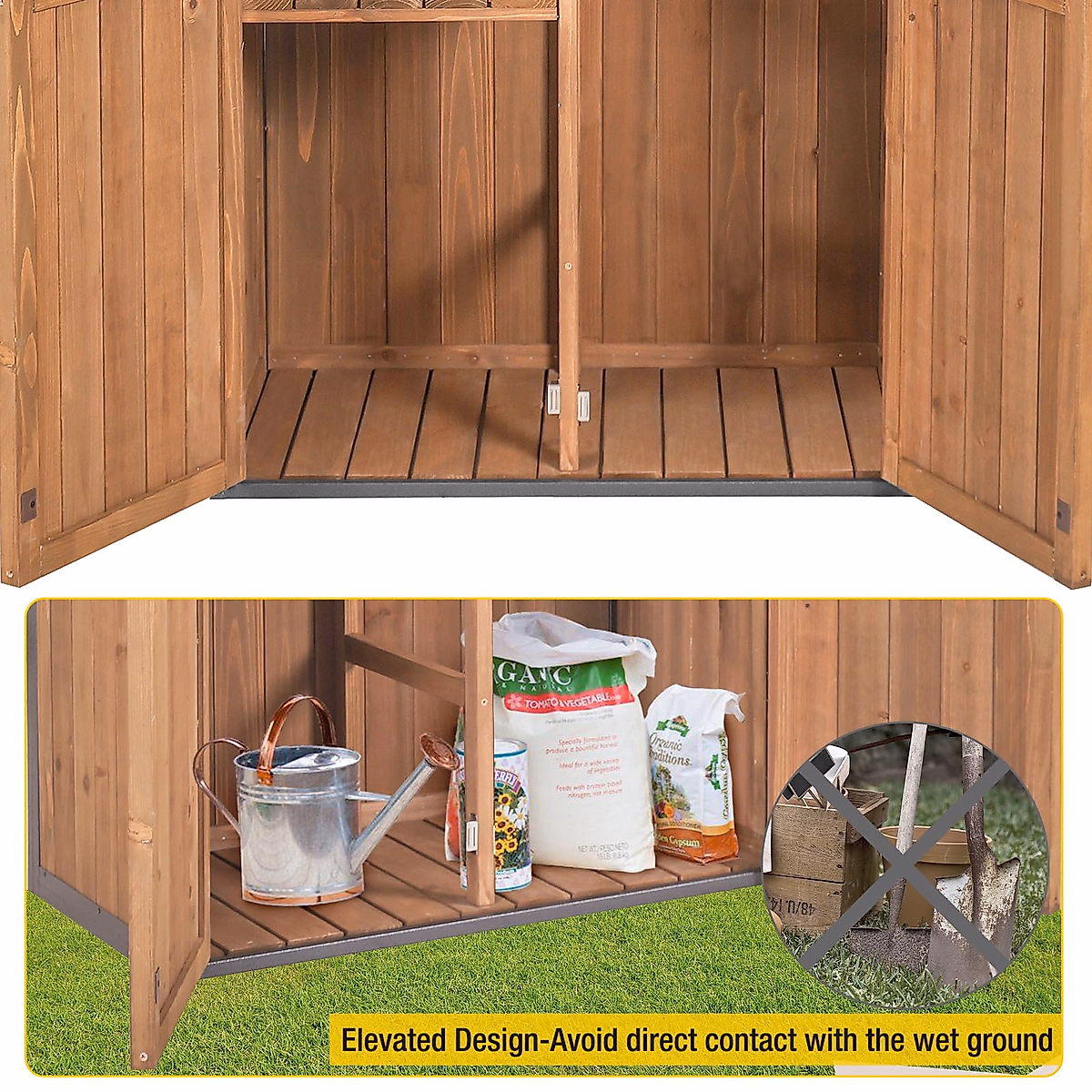 Aivituvin Shed Outdoor Storage Cabinet with All-Around Strong Metal Frame Wooden Tool House with Adjustable Shelfs and Floor,Waterproof Roof (Brown)