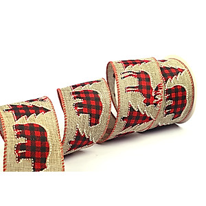 YYCRAFT 20 Yards Burlap Christmas Wired Edge Ribbons Red Plaid Reindeer Bear Trees Printed Ribbon for Christmas Home Wreath Craft Bow Wrapping Decoration