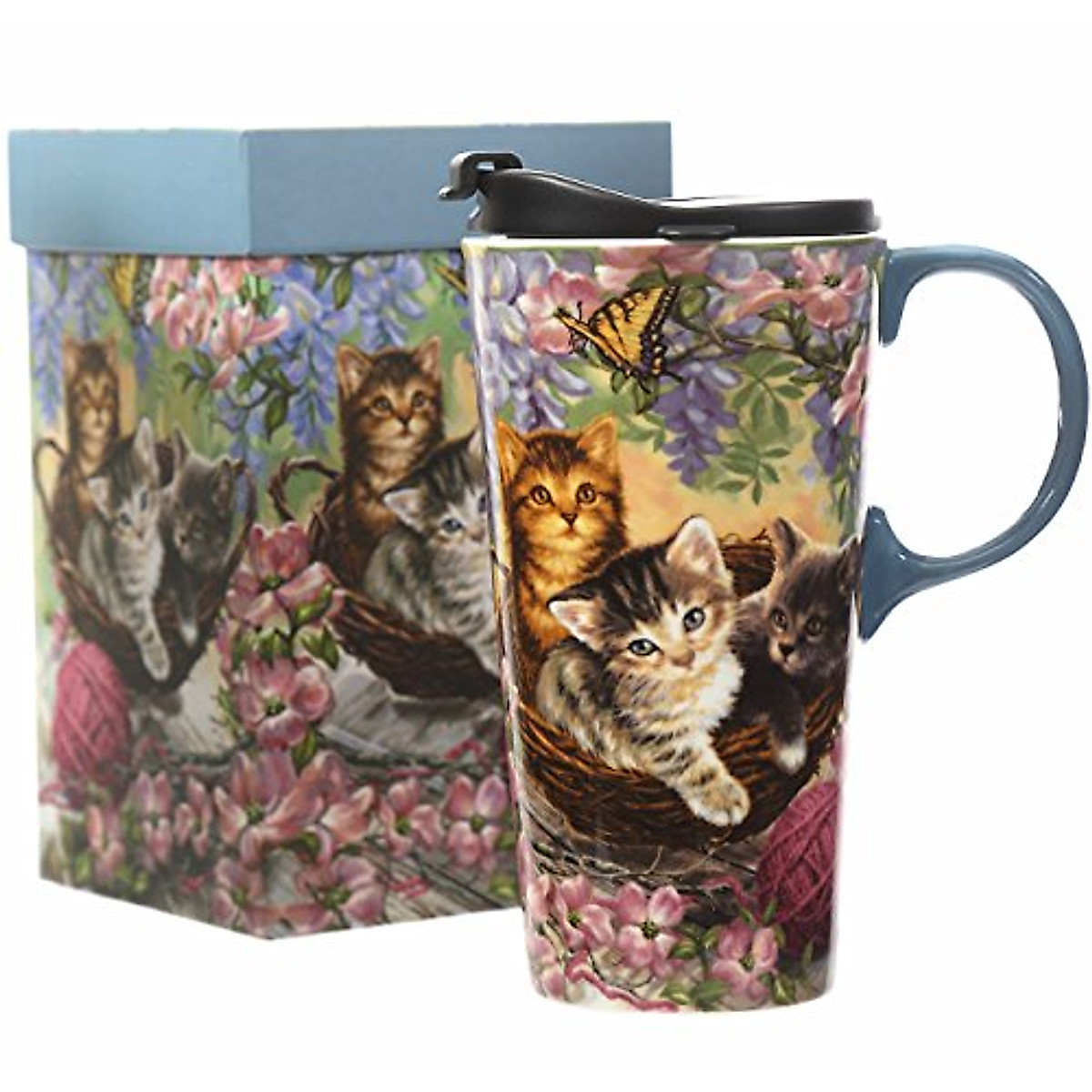 CEDAR HOME Travel Coffee Ceramic Mug Porcelain Latte Tea Cup With Lid 17oz. Flower and Cat