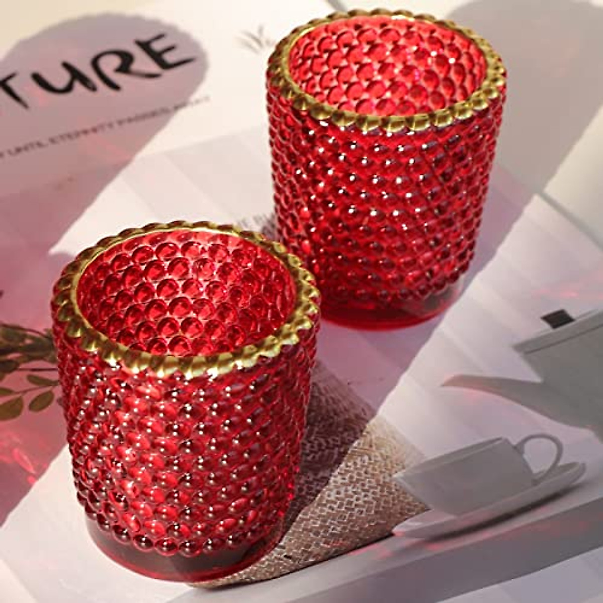 WOHO Red Votive Candle Holders for Table Centerpiece Set of 12, Tealight Candle Holder Bulk with Gold Rim, Glass Tea Lights Candle Holder for Christmas, Holiday and Dating Decor