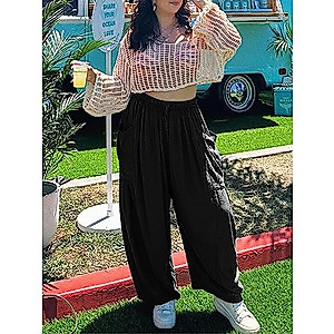 Aiwpstoin Women Wide Leg Linen Pants Summer Casual Drawstring High Waisted Palazzo Harem Pants with Pockets (as1, Alpha, x_l, Regular, Regular, Black)