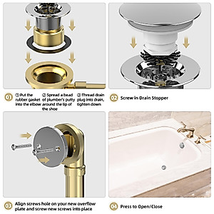 Sogmeter Chrome Plated Tub Drain Kit with Hair Catcher, Premium Brass Mushroom Tip-Toe Bathroom Tub Drain Replacement and 2-Hole Overflow Faceplate, 11.5/16 UNC Bathtub Drain Stopper Assembly