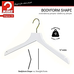 MAWA by Reston Lloyd, European Wooden Hanger, Beech Wood Straight Hanger with Shoulder Notches, Rotating Gold Hook, White Finish, for Shirts, Blazers, Dress Clothes Hanger, (27135)