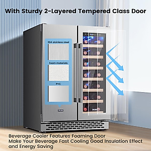 Wine Cooler Beverage Refrigerator, 24” Wine Fridge with Dual-Zone Digital Temperature Control, Glass Front Doors and Interior Lighting Holds 20 Bottles and 88 Cans on Removable Shelves