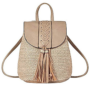 Aisi Women Girls Straw Woven Backpack Summer Beach Casual Daypack Tassel Traveling Purse One Size Khaki