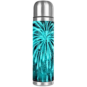 Stainless Steel Leather Vacuum Insulated Mug Fireworks Thermos Water Bottle for Hot and Cold Drinks Kids Adults 16 Oz