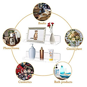 QPEY Clear Acrylic Shelves,15" Invisible Floating Bookshelf Wall Mounted Wall Shelves for Picture Display,Record Storage,Book,Magazine,Files Organizer-Acrylic Shelves 2 Packs