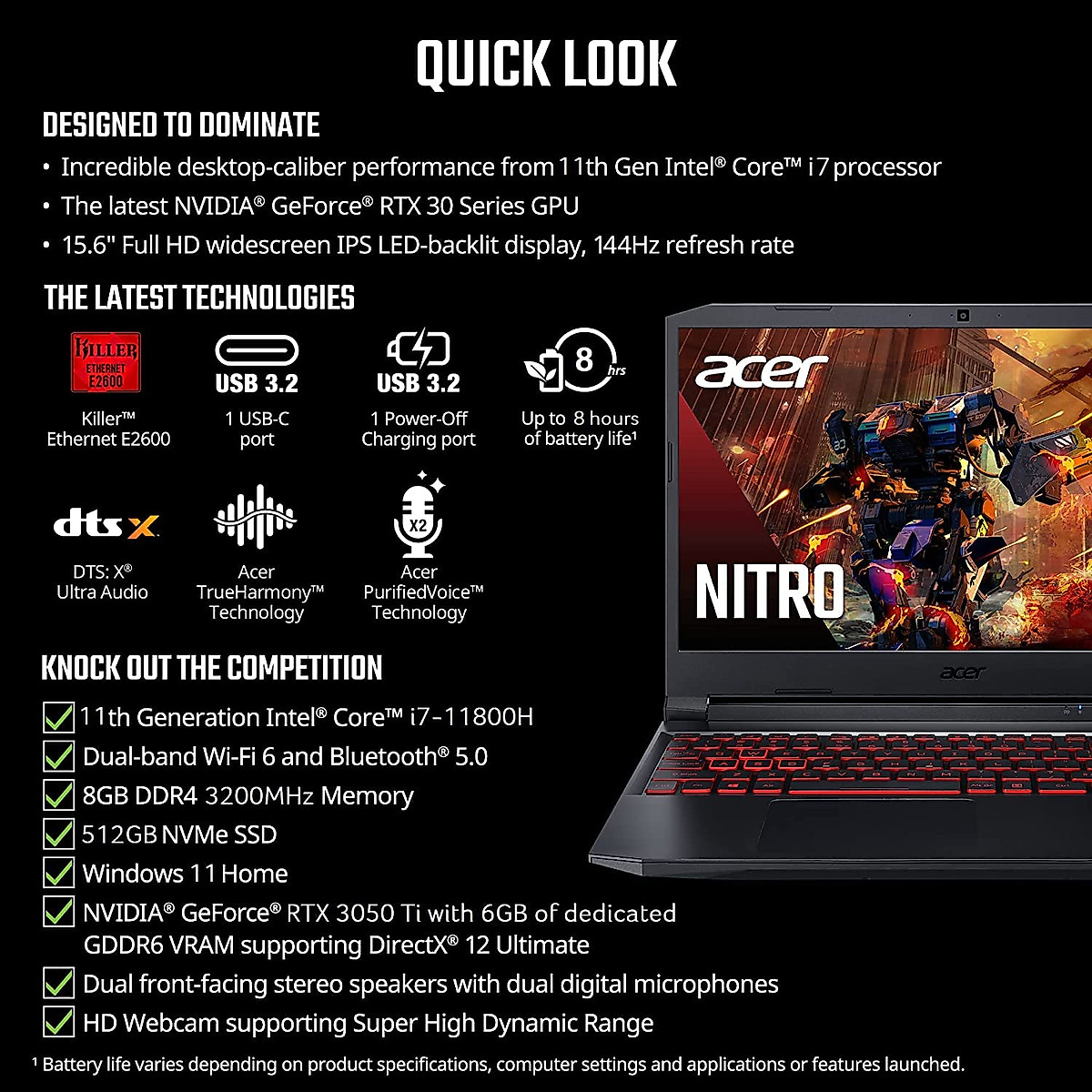 Acer Nitro 5 Premium Gaming Laptop, 15.6 '' FHD 144Hz IPS Display, Nvidia GeForce RTX 3050 Ti 4GB GDDR6, 11th Intel 8-Core i7-11800H(Beat Ryzen 7 5800H), Windows 11 Home(32GB|1024GB SSD), Black