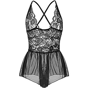 Women Lingerie Sheer Lace Mini Babydoll Teddy Sexy Bodysuit Backless Sleepwear (XXXL, Black)