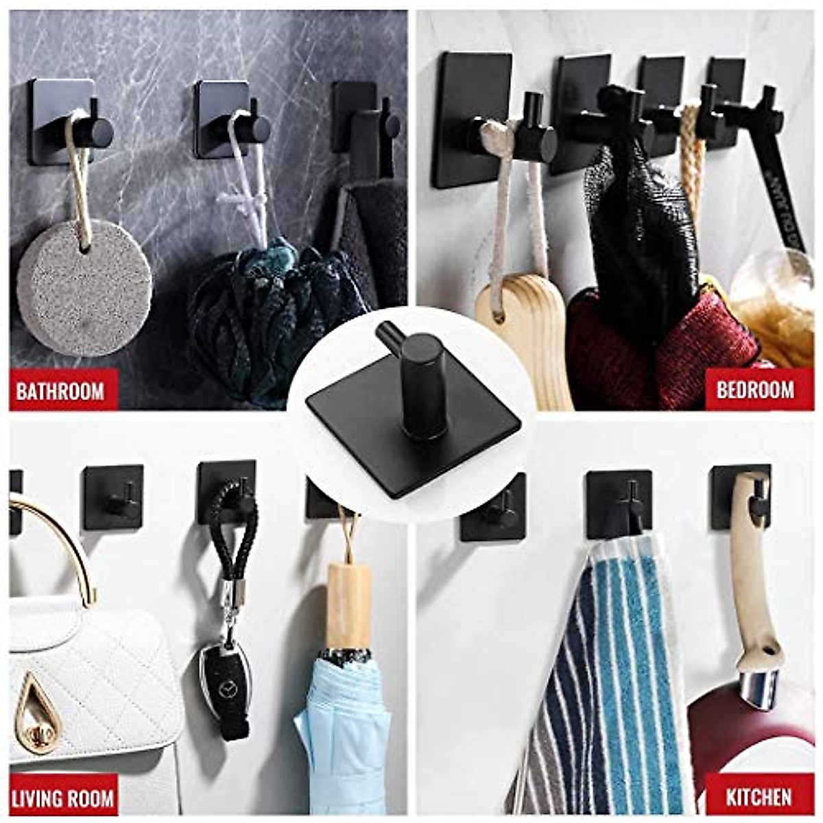 ZHhan 4 Packs Hooks Heavy Duty Wall Hooks Self Adhesive Waterproof Stainless Steel Hooks for Hanging Coat, Hat,Towel Robe Hook Rack Wall Mount Bathroom and Bedroom Black