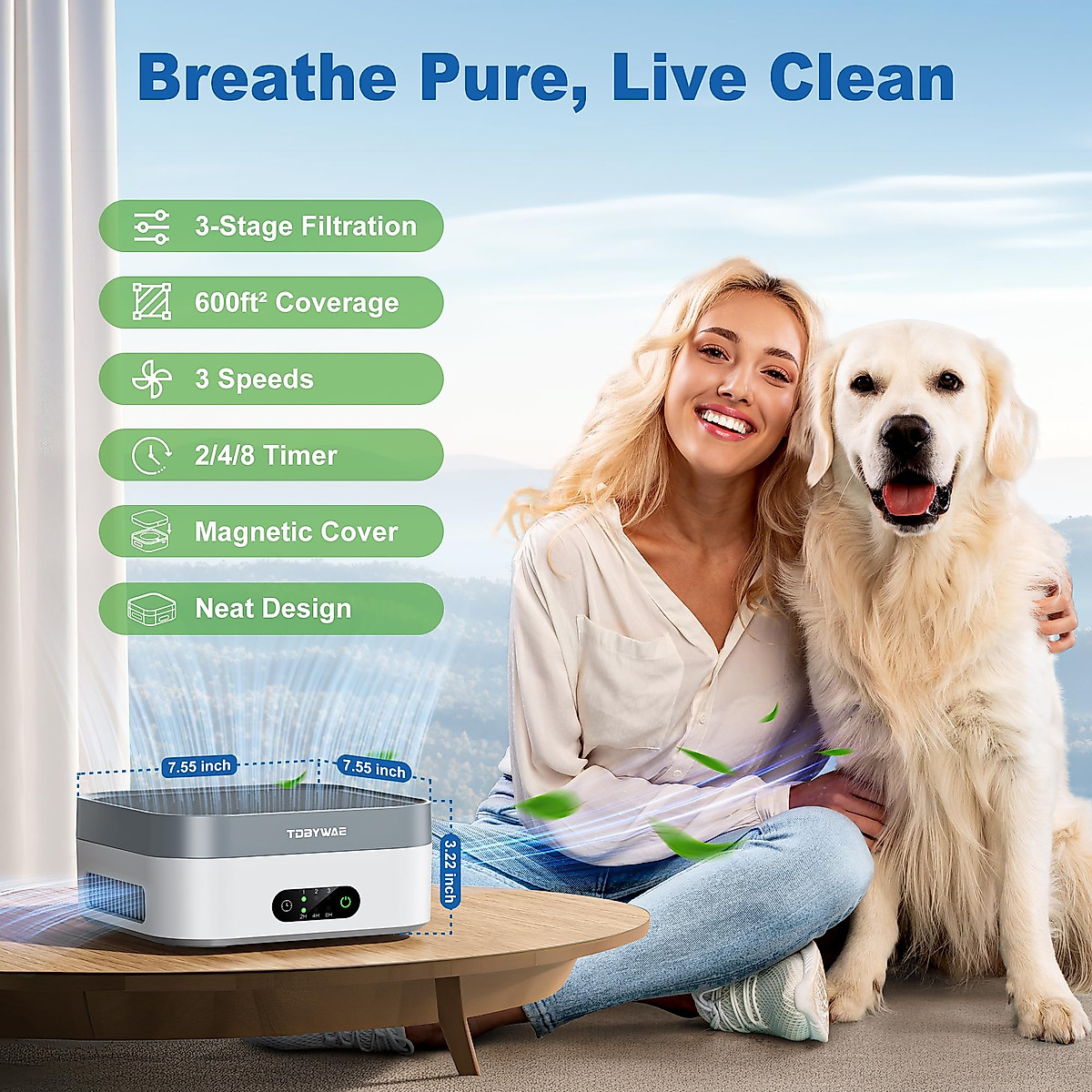 Air Purifier TDBYWAE Air Purifiers for Home Bedroom Up to 600 ft², True HEPA Air Purifier for Pets Dust Dander Pollen Odor Smoke, New Quiet Wind Wheel System, Portable Car Air Purifier for Travel