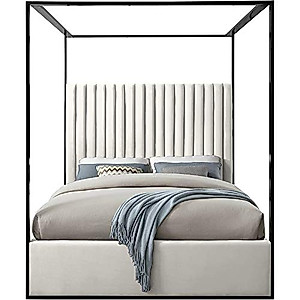 Meridian Furniture JaxCream-Q Jax Collection Modern | Contemporary Velvet Upholstered Queen Bed, Cream Velvet, Deep Channel Tufting, Matte Black Steel Canopy, 66.5" W x 86.5" D x 78.5" H, Cream, Queen