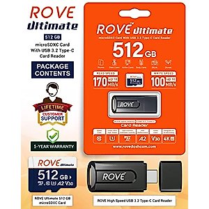 ROVE Ultimate Micro SD Card microSDXC 512GB Memory Card with USB 3.2 Type C Card Reader 170MB/s C10, U3, V30, 4K, A2 for Dash Cam, Android Smart Phones, Tablets, Games