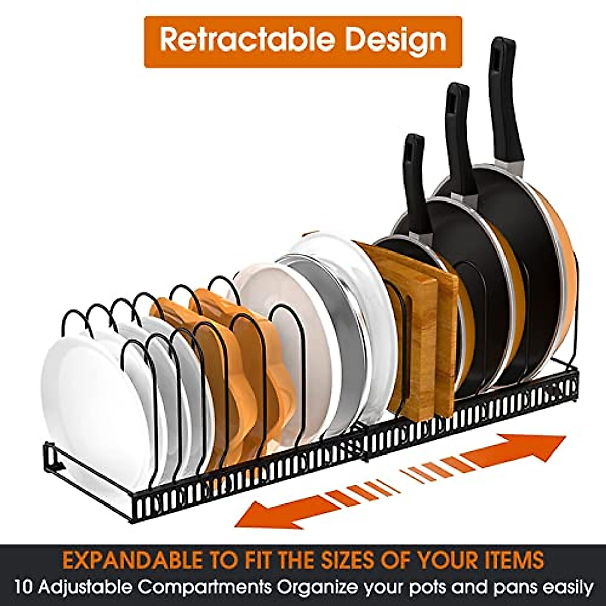 GZHXHMY Expandable Pot and Pan Organizer for Cabinet,Pot Rack with 10 Adjustable Compartment Kitchen Storage (Black)