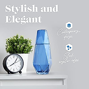 Modern Geometric Bedside Carafe | 2-Piece Set - Bedside Water Carafe | Glass Carafe with Cup that Doubles as Lid | Bedside Water Carafe and Glass Set in Blue (37oz)