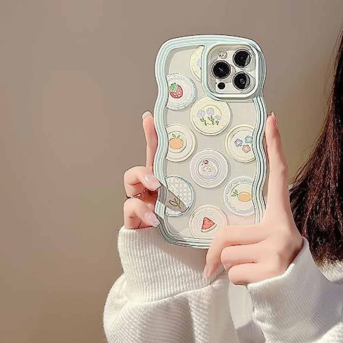 LOLAGIGI for iPhone 13 Pro Case Blue Cute Cartoon Print Curly Wave Frame Shape Kawaii Y2K Girly Design Aesthetic for Women Girls Case with Lovely Heart Charm Peal Lanyard Beaded Accessories