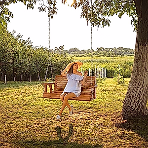 VINGLI Upgraded Patio Wooden Porch Swing for Courtyard & Garden, Heavy Duty 880 LBS Swing Chair Bench with Hanging Chains for Outdoors (4 FT, Brown)