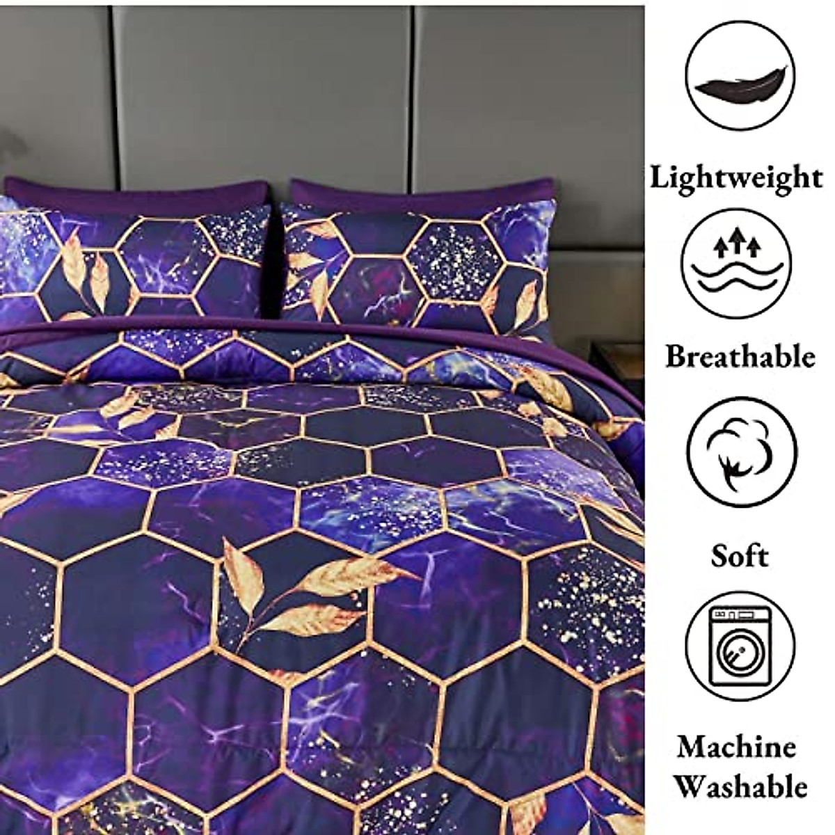 ANGIYUIN 7Pcs Bed-in-A-Bag Purple Gold Marble King Comforter Set with Sheets, 3D Geometric Hexagon Theme Decor Yellow Leaf Bedding Set, Modern Foil Print Duvet Insert for All Season (Purple King)