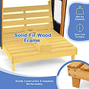 Costzon Kids Lounge Chair Outdoor, Wood Double Seat Chaise Lounge with Canopy, Cup Holders, Cushion, Backrest Recliner, Kids Patio Furniture, Gift for Boys Girls 3-8 Years Old