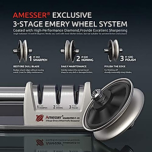 Amesser Knife Sharpener Diamond Wheel - Quickly Sharpen, Honing, Polish Kitchen Knives with 3 Stage Grit 360/600/1000, Anti·Slip Mat and Cut Resistant Glove for Safety (Light Gray)