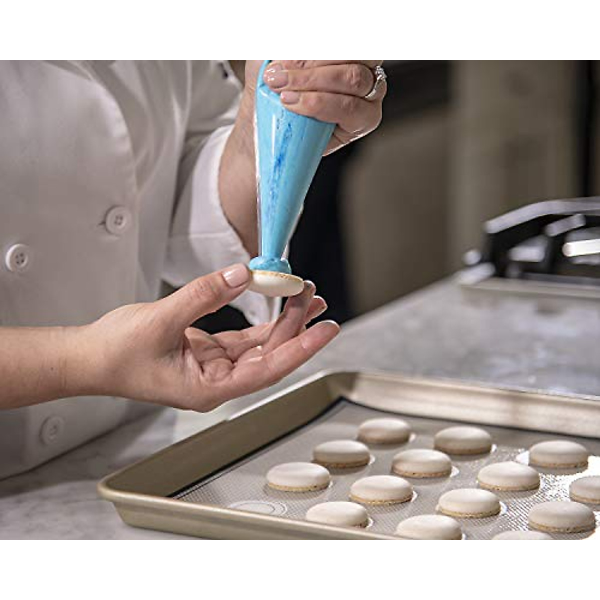 French Macaron Baking Mix With Swiss Buttercream Filling. Baker's Choice Single Step Formulation. Gluten Free. Makes 48 shells.