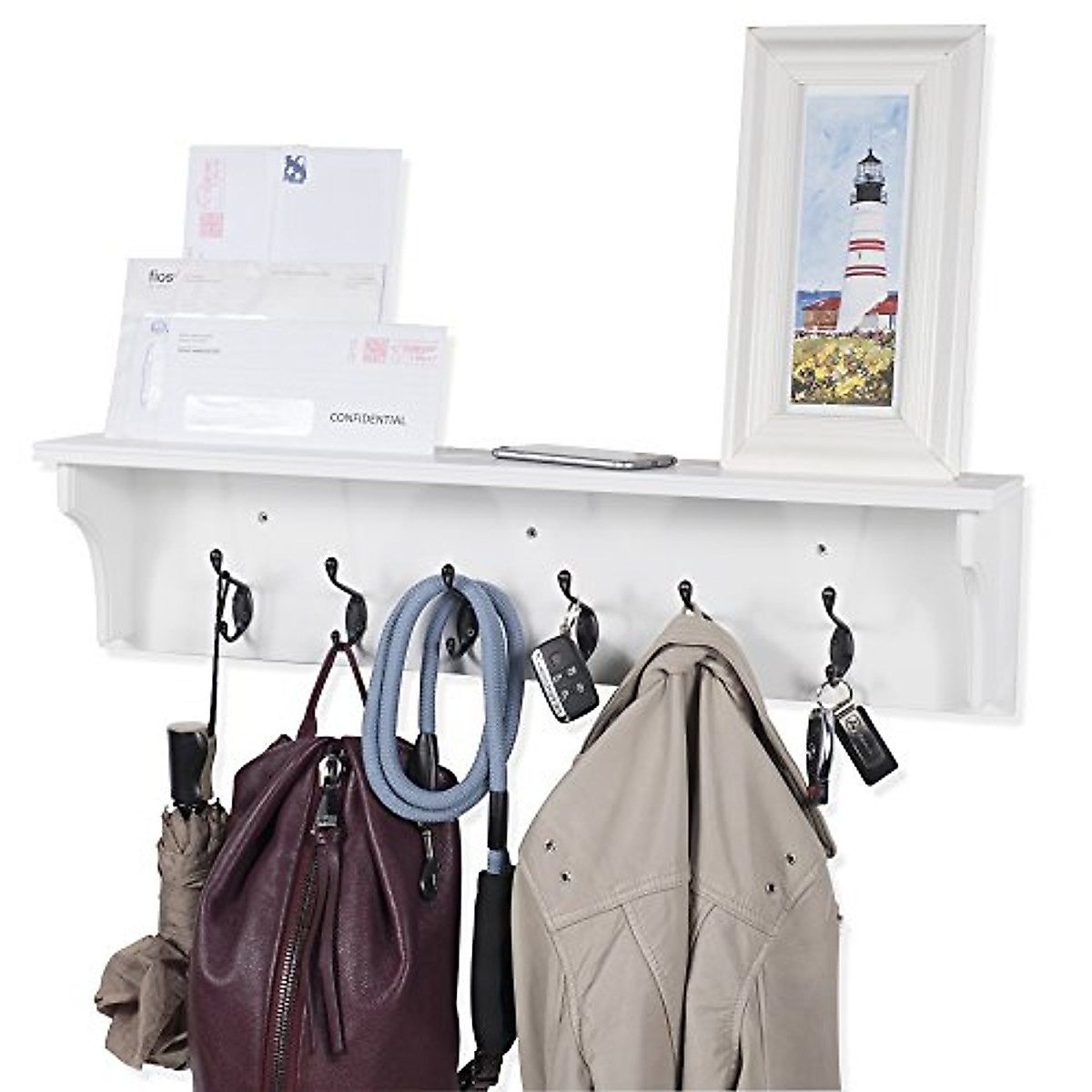 brightmaison Mante Entryway Organizer with Key Holder and Coat Rack, 6 Hooks for Hanging Face Masks, 30" Wood White