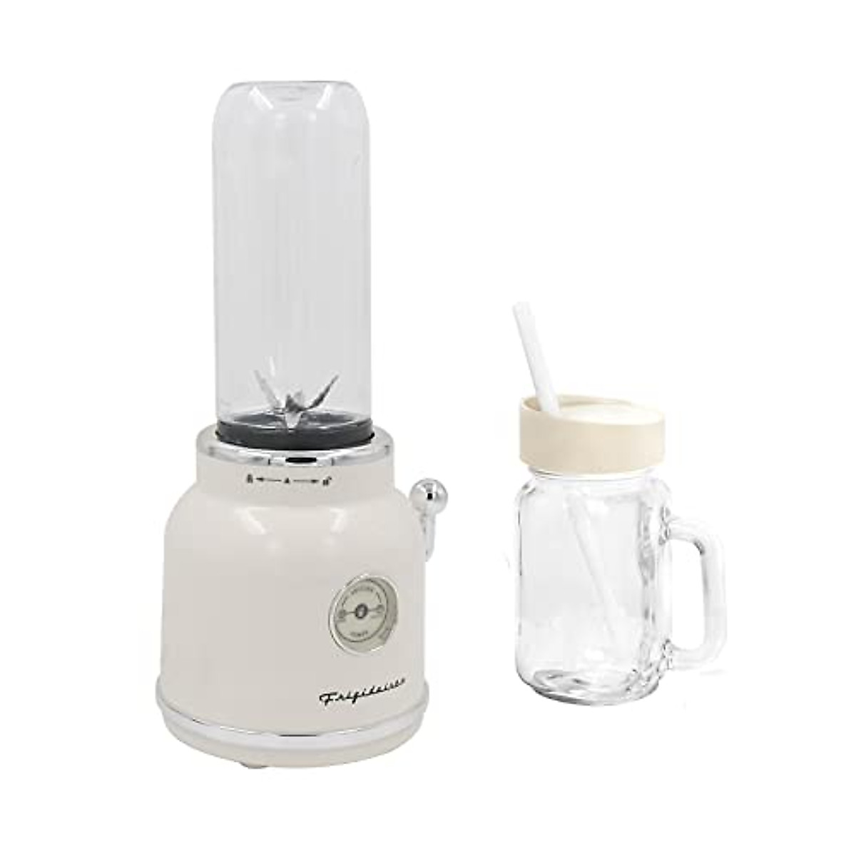 FRIGIDAIRE ESMM100-CREAM Retro Smoothie Maker Blender with Mason Jar, Perfect for Shakes and Smoothies, 300-Watt, Cream