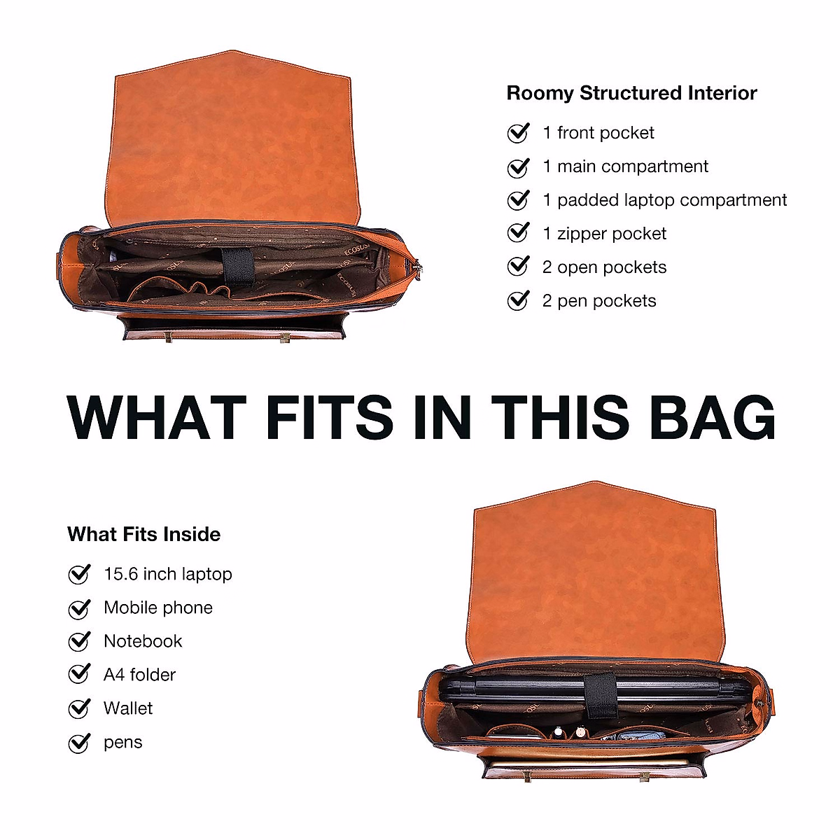 ECOSUSI Backpack for Women Briefcase Messenger Laptop Bag Vegan Leather Satchel Work Bags Fits 15.6 inch Laptops, Brown