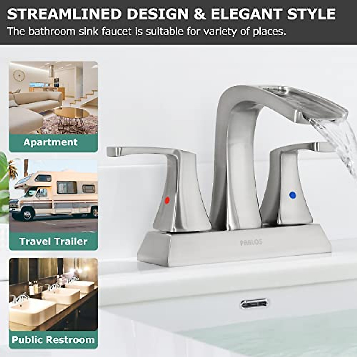 PARLOS 2 Handles Waterfall Bathroom Faucet with Pop-up Drain and Faucet Supply Lines, Brushed Nickel, Doris 14068