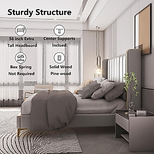 King Size Bed Frame, Upholstered Platform Bed with Tall Channel Tufted Headboard, Classic Modern Grey Mattress Foundation with Thickening Pine Wooden Slats and Metal Leg, No Box Spring Needed