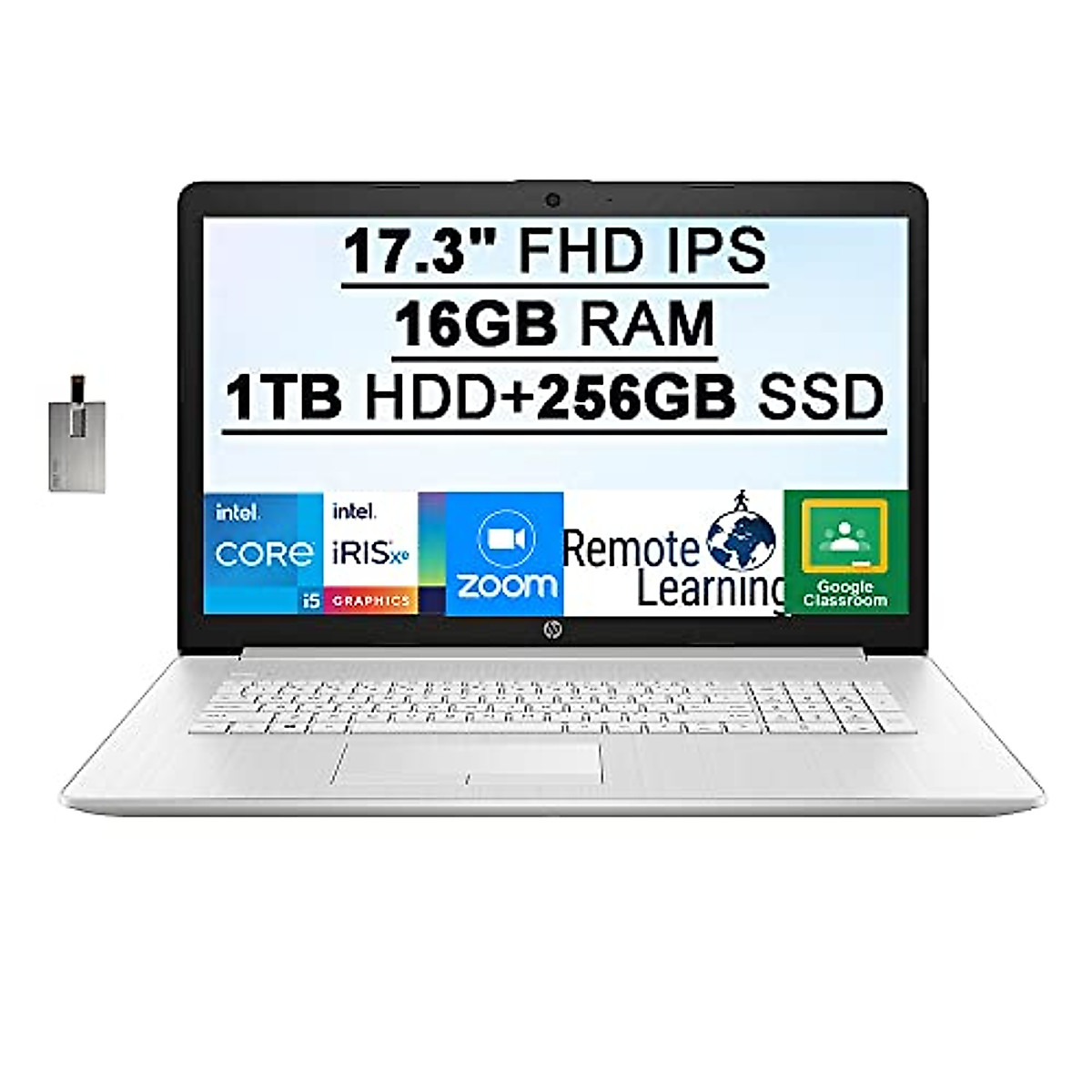 2022 HP 17.3" FHD Laptop Computer, Intel Core i5-1135G7 Processor(> i7-1065G7), 16GB RAM, 1TB HDD+256GB PCIe SSD, Backlit Keyboard, Iris Xe Graphics, HD Webcam, Win 10, Silver, 32GB SnowBell USB Card