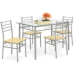 Best Choice Products 5-Piece Glass Top Dining Table Breakfast Set Furniture for Kitchen, Dining Room w/ 4 Chairs, Steel Frame - Silver