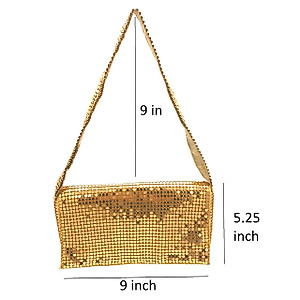 Women Vintage Evening Clutch Metal Mesh Purse with Short Shoulder Strap (Gold)