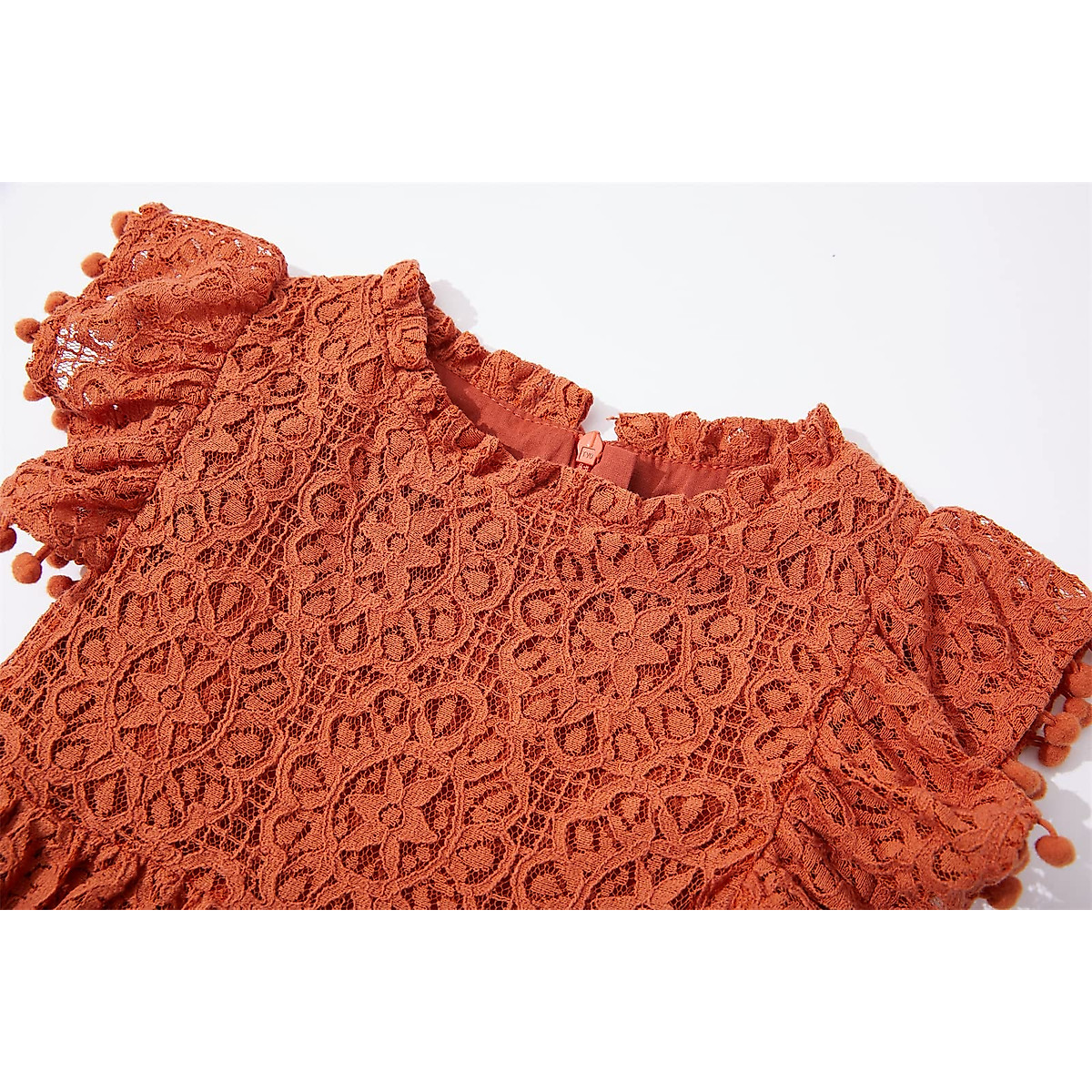 Niyage Toddler Girls Elegant Lace Pom Pom Flutter Sleeve Party Princess Dress Brick Red 100