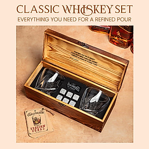 Mixology & Craft Whiskey Stones Gift Set - Pack of 6 Granite Chilling Rocks w/ 2 10 oz Old Fashioned Glasses in Wooden Box - Whiskey Gifts for Men on Birthday, Father's Day or Christmas