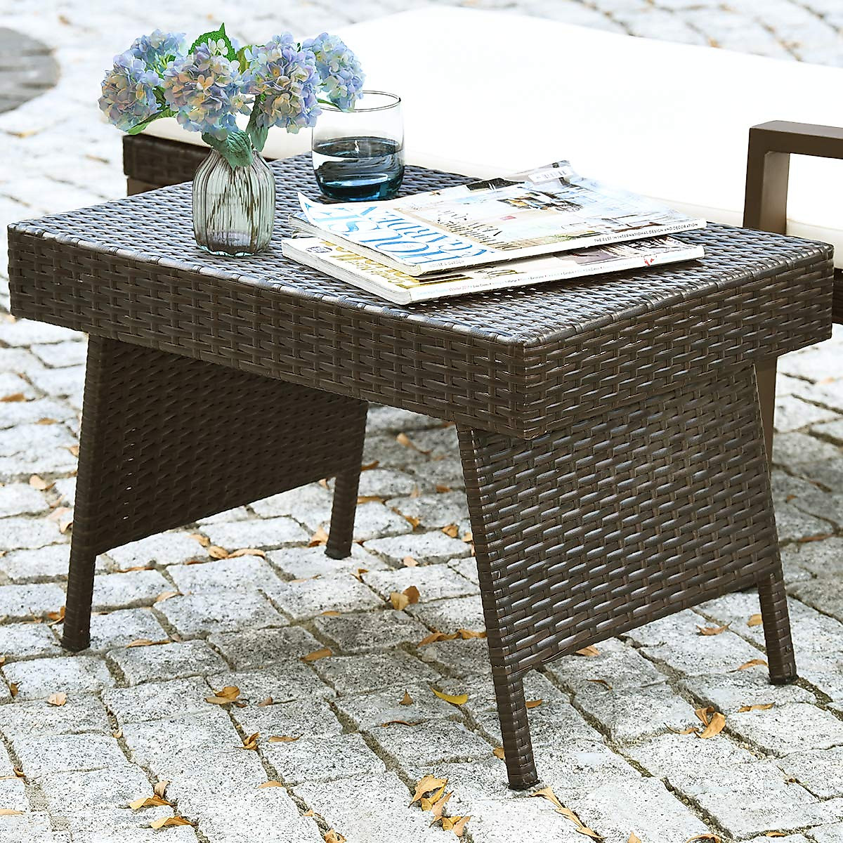 RELAX4LIFE Patio Rattan Side Table - Folding Coffee Table with Premium Brown PE Wicker & High-Duty Steel Frame, Outdoor Beside Table for Garden, Courtyard, Poolside (Brown)