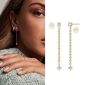 MYEARS Women Diamond Earrings Gold Stud Chain Cubic Zirconia Dangle Drop 14K Gold Filled Small Simple Handmade Hypoallergenic Everyday Jewelry