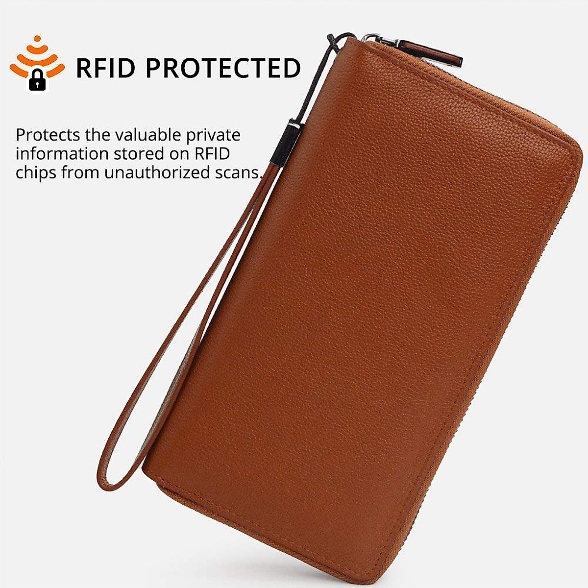 Bveyzi Women RFID Blocking Wallet Leather Zip Around Phone Clutch Large Capacity Ladies Travel Purse Wristlet (Brown)