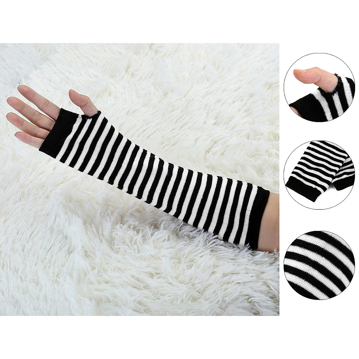 Allegra K Women's Fingerless Gloves Printed Elbow Length Knitted Arm Warmers One Size Black-White