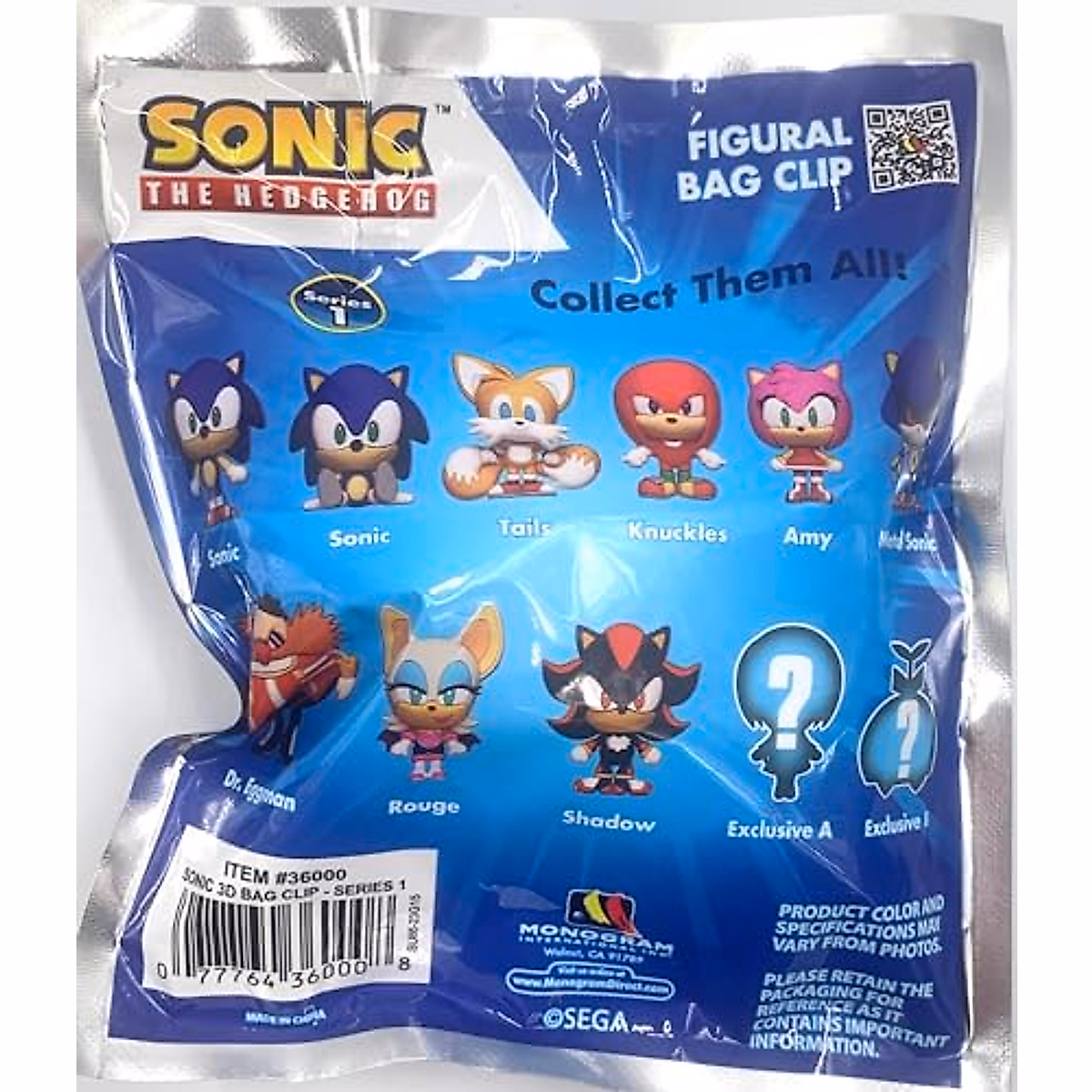 Monogram Sonic the Hedgehog - 3D Foam Figural Bag Clip in Blind Bag - Keychain - Sonic Tails, Knuckles, Amy and More..., Multicolor, 2.5"