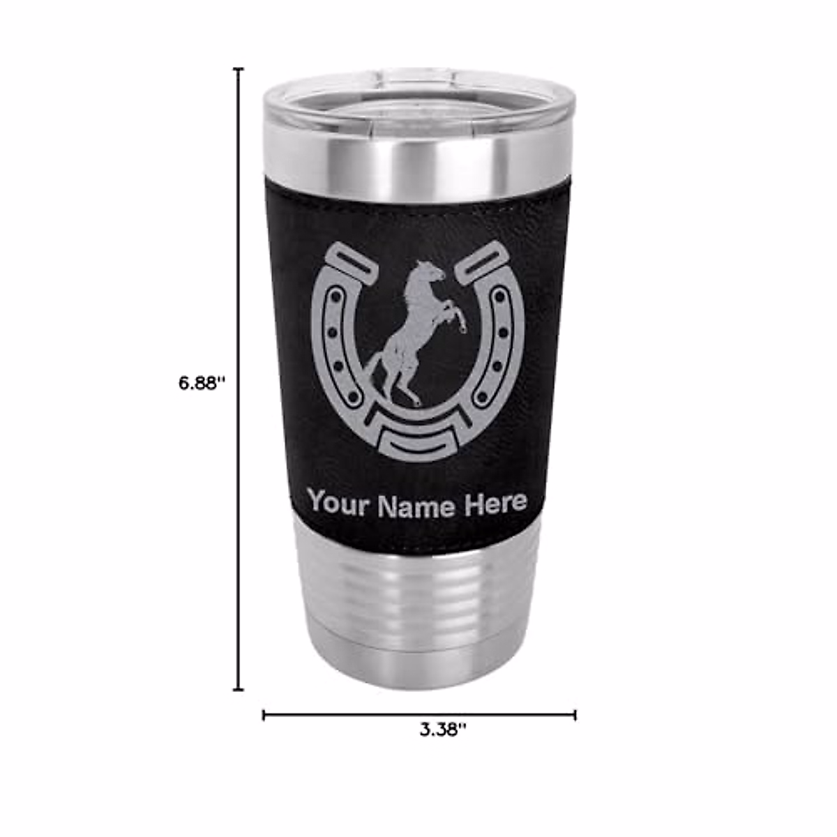LaserGram 20oz Vacuum Insulated Tumbler Mug, Horseshoe with Horse, Personalized Engraving Included (Faux Leather, Black)